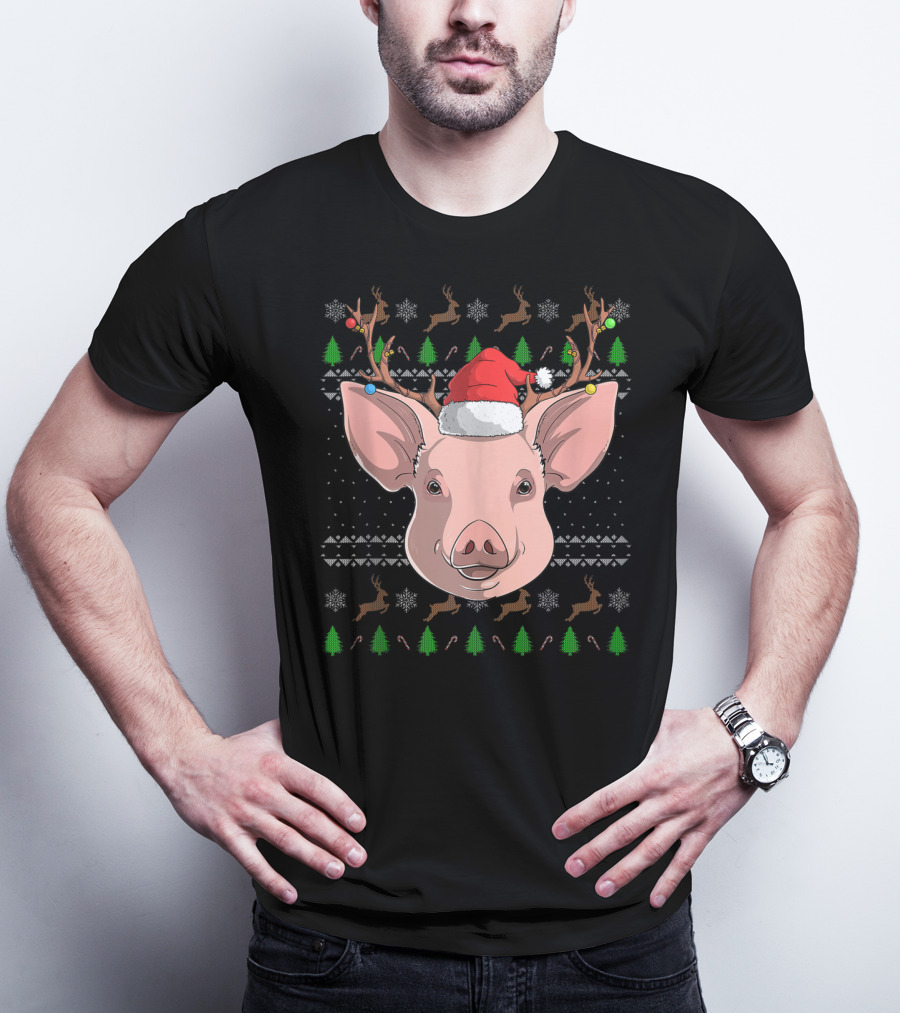 Pig Santa Claus Hat Reindeer Antlers Christmas Ornaments T-Shirt