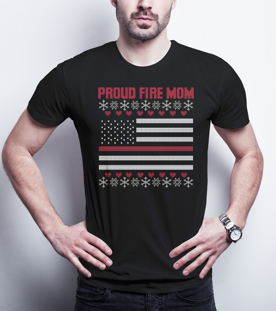 Proud Fire Mom Thin Red Line American Flag Snowflakes Hearts T-Shirt