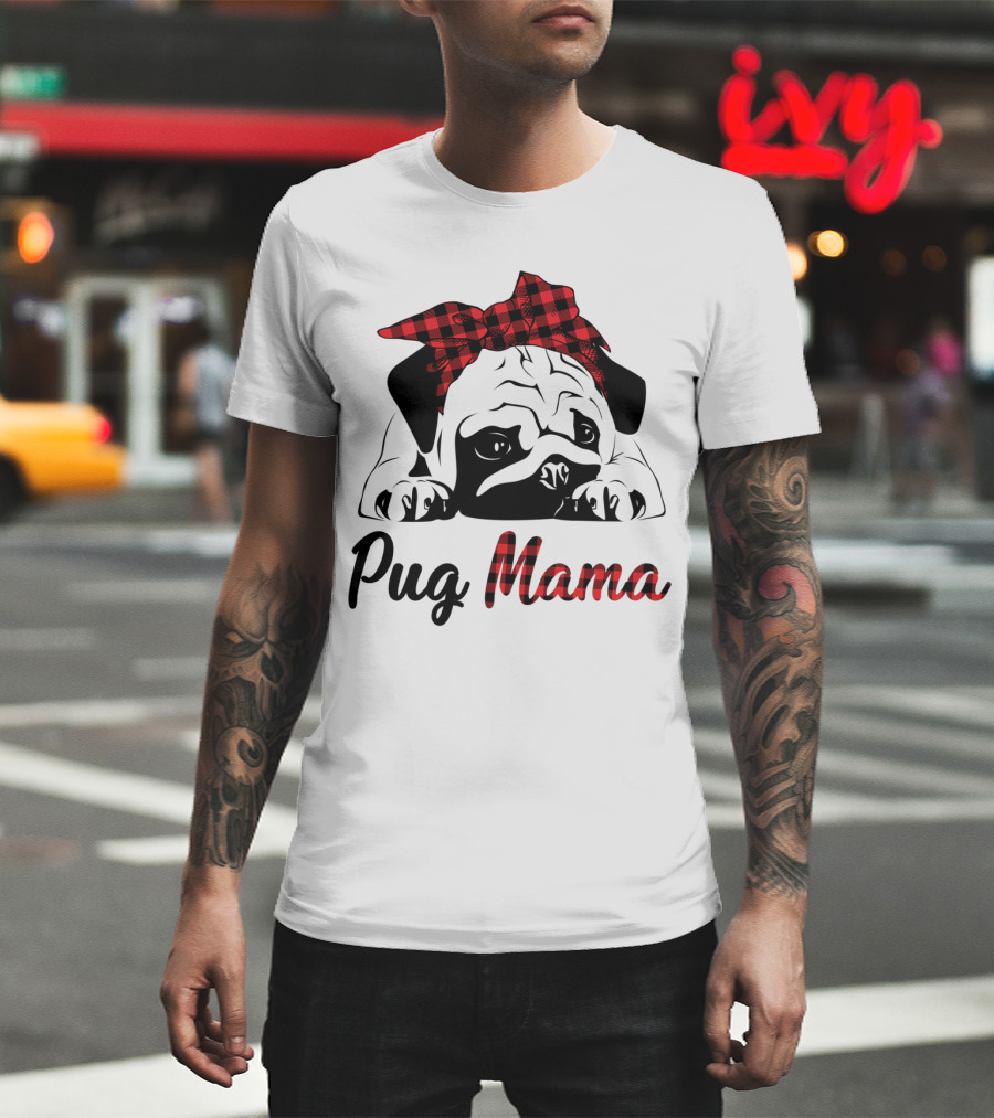 Pug Mama Puppies Buffalo Plaid T-Shirt