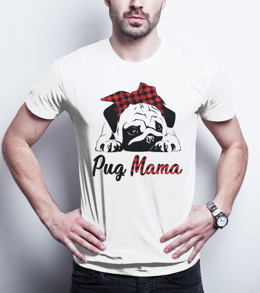 Pug Mama Puppies Buffalo Plaid T-Shirt