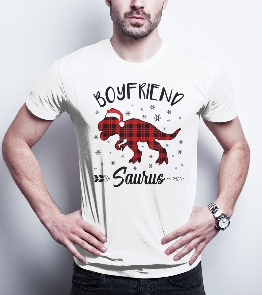 Boyfriend Saurus Red Plaid Dinosaur Christmas Hat T-Shirt