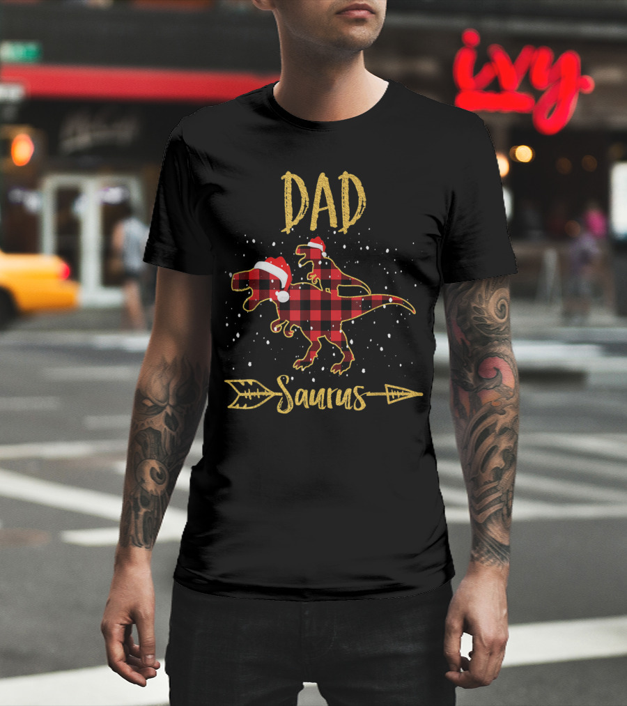 Dad Saurus Red Plaid Dinosaur With Santa Hat T-Shirt