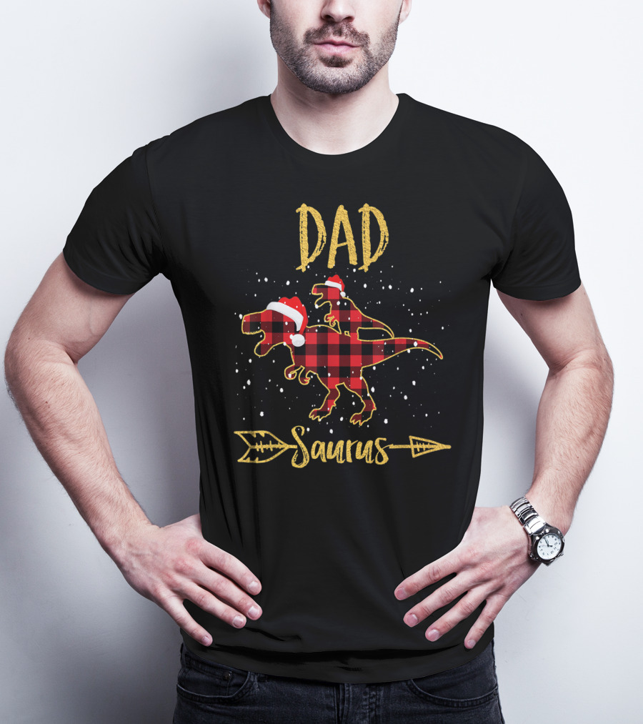 Dad Saurus Red Plaid Dinosaur With Santa Hat T-Shirt