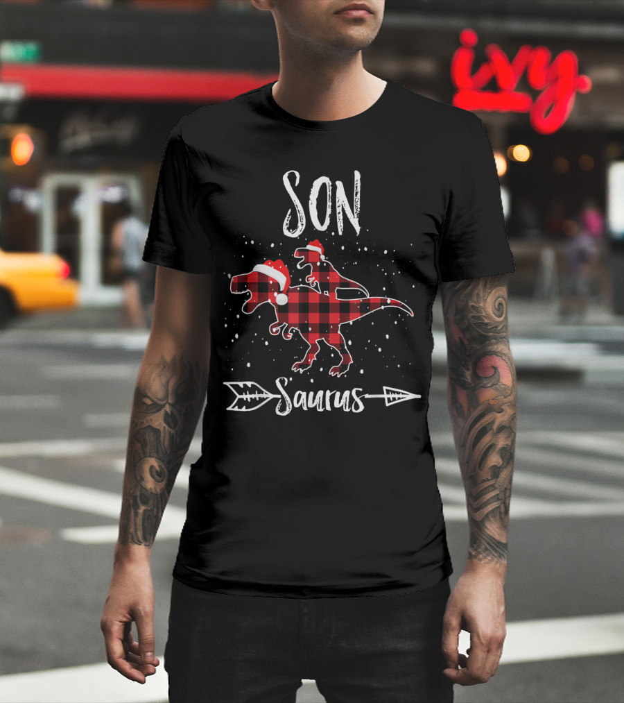 Son Saurus Red Plaid Santa Dinosaur T-Shirt