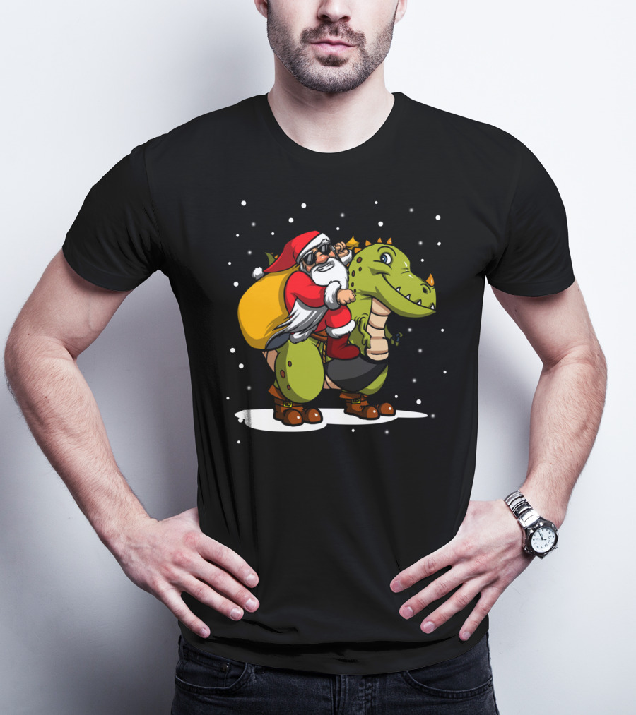 Santa Riding Dinosaur Christmas Trex Snowy Night Scene T-Shirt
