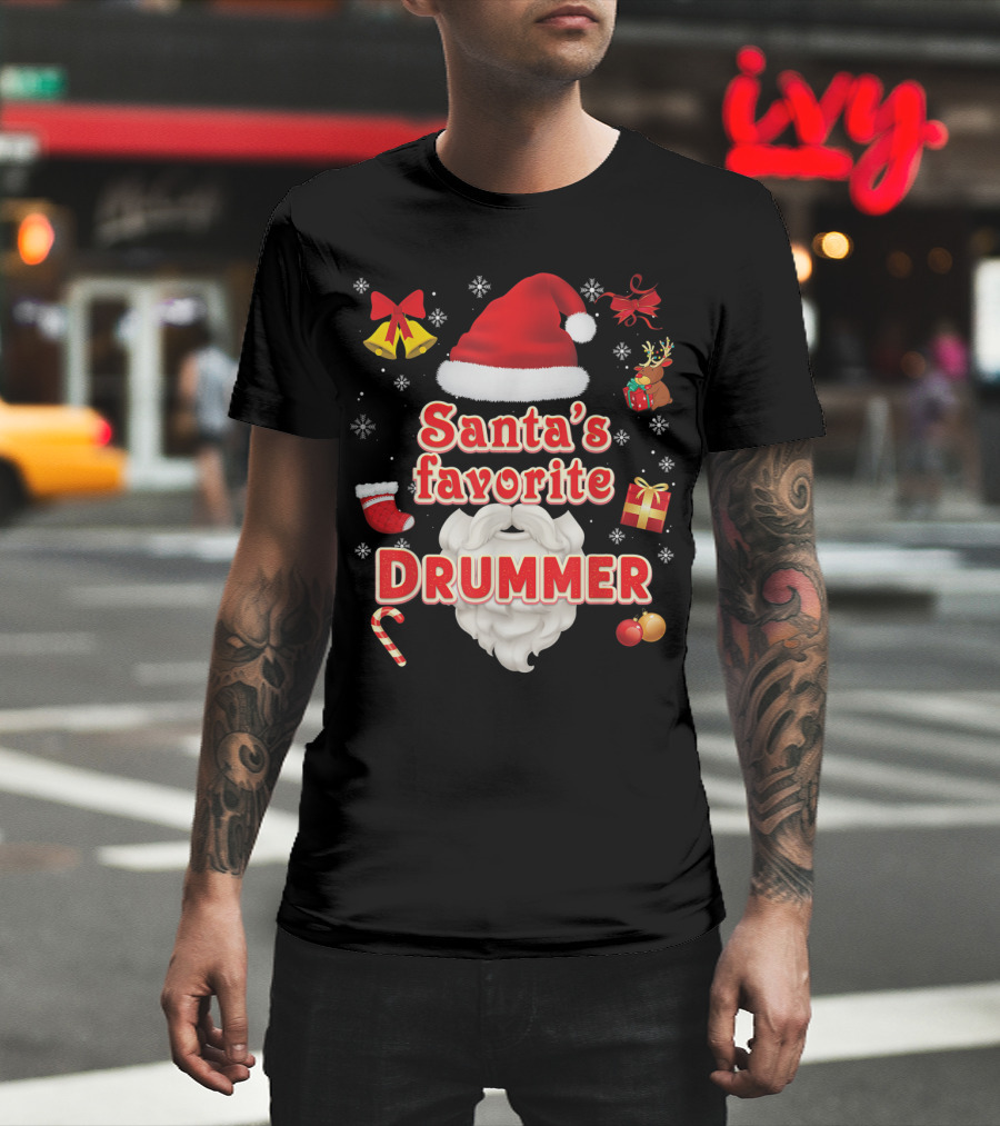 Santa's Favorite Drummer Christmas Santa Hat Reindeer Gift Bells Snowflakes Candy Cane Ornaments T-Shirt