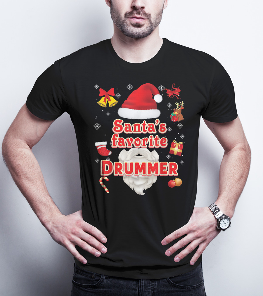 Santa's Favorite Drummer Christmas Santa Hat Reindeer Gift Bells Snowflakes Candy Cane Ornaments T-Shirt