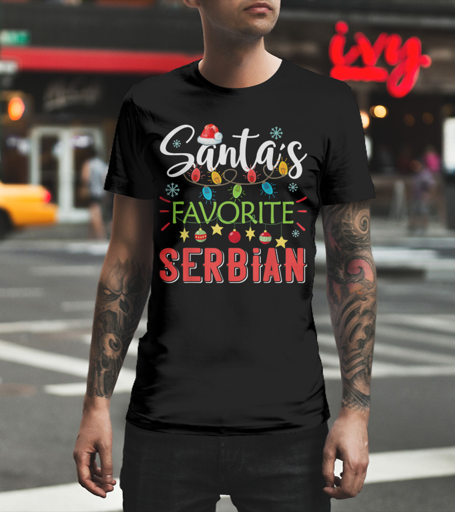Santa's Favorite Serbian Christmas Lights Santa Hat T-Shirt