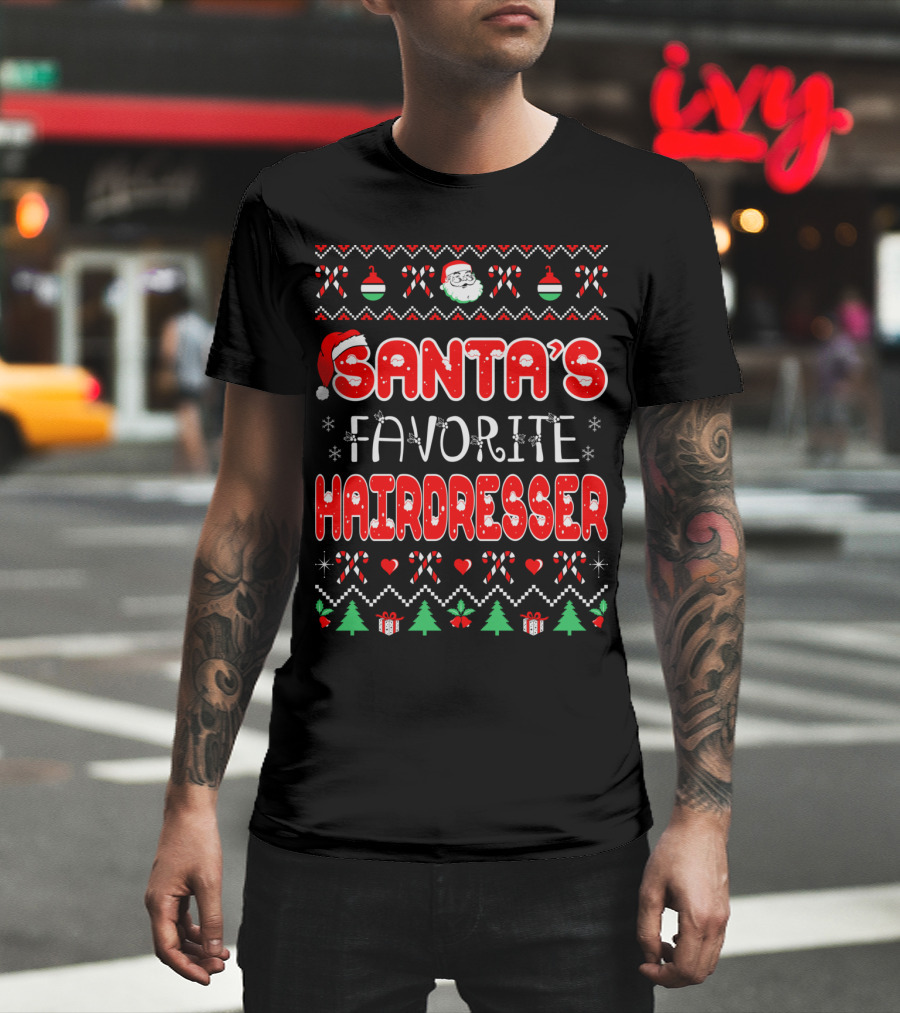 Santa's Favorite Hairdresser Christmas Candy Canes Ornament Santa Hat Snowflakes T-Shirt