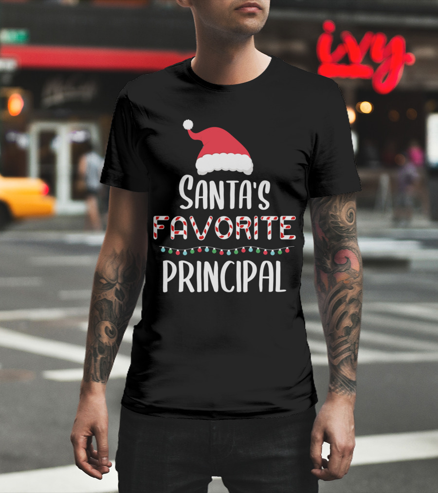 Santa's Favorite Principal Christmas Hat And Lights T-Shirt