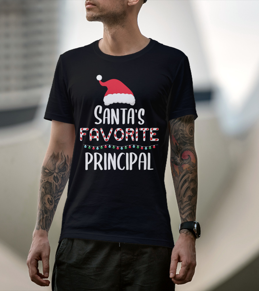 Santa's Favorite Principal Christmas Hat And Lights T-Shirt