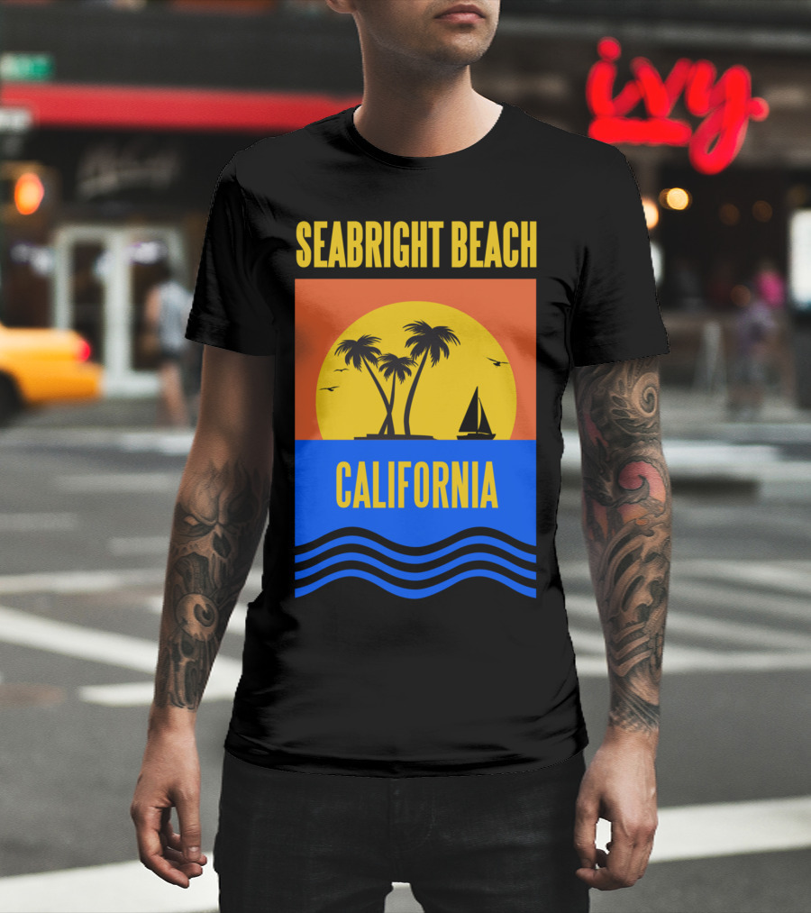 Seabright Beach California Sunset Palm Trees Sailboat Vacation T-Shirt