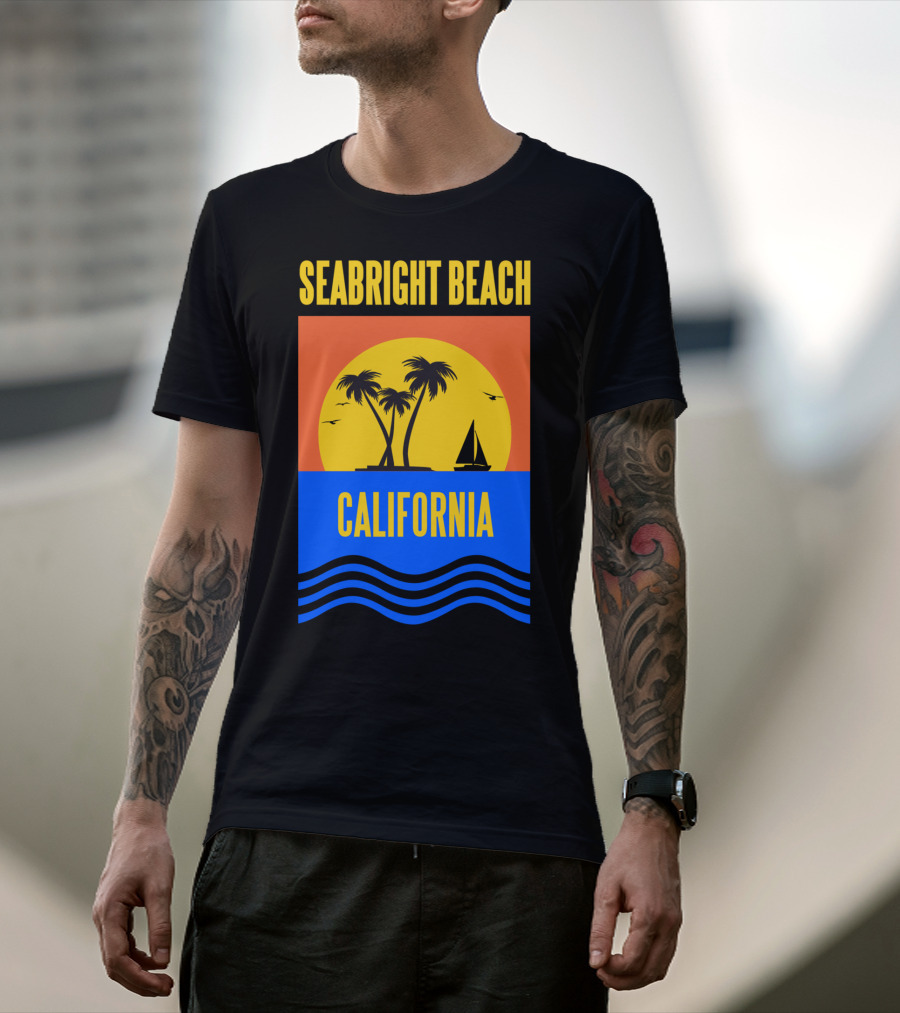 Seabright Beach California Sunset Palm Trees Sailboat Vacation T-Shirt