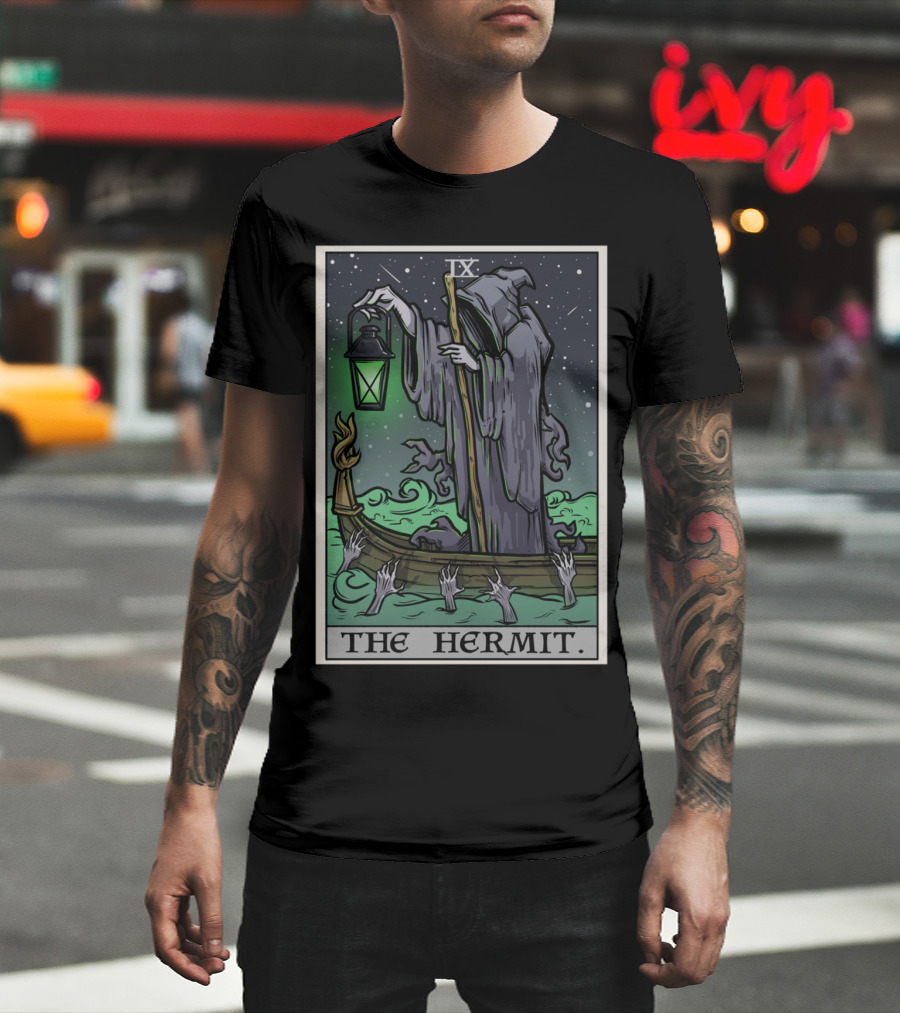 The Hermit Tarot Card IX Gothic Halloween Grim Lantern Boat T-Shirt