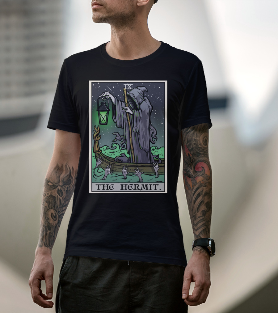 The Hermit Tarot Card IX Gothic Halloween Grim Lantern Boat T-Shirt