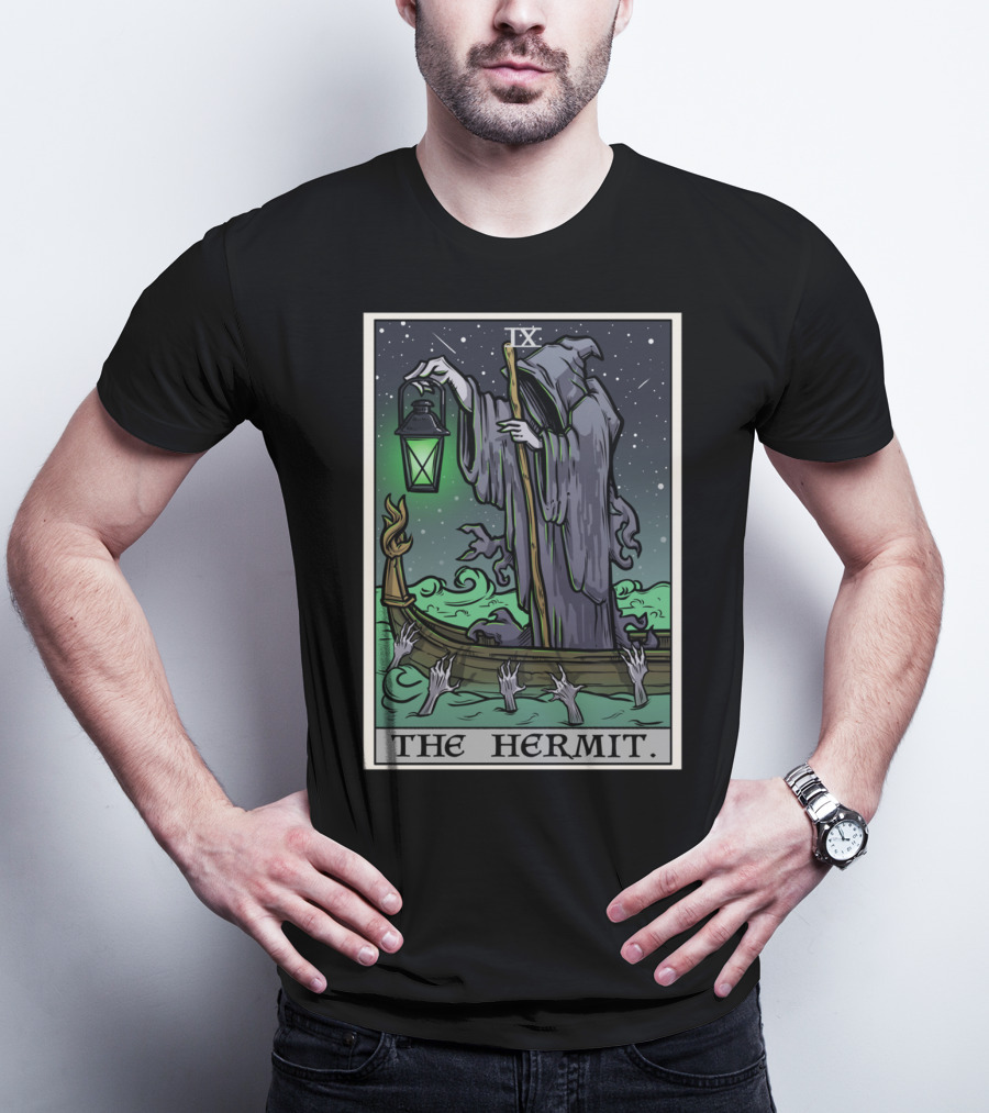 The Hermit Tarot Card IX Gothic Halloween Grim Lantern Boat T-Shirt