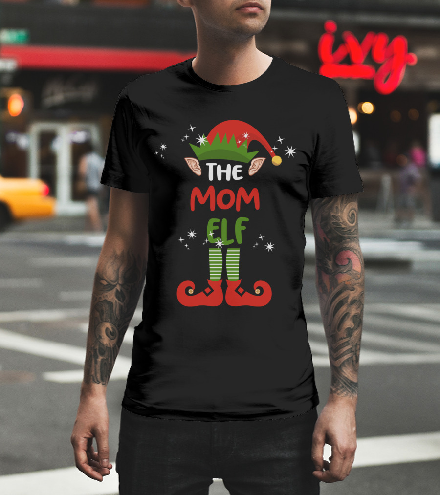 The Mom Elf Funny Christmas Elf Hat Ears Striped Socks Red Shoes T-Shirt