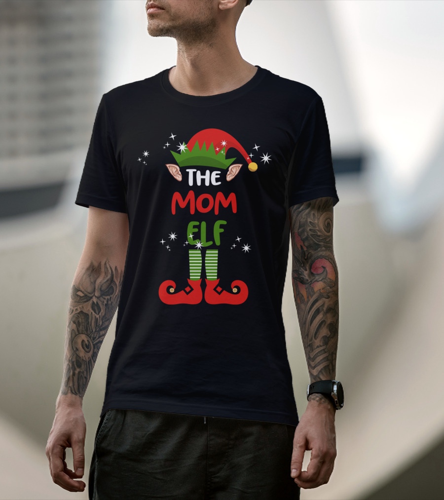 The Mom Elf Funny Christmas Elf Hat Ears Striped Socks Red Shoes T-Shirt