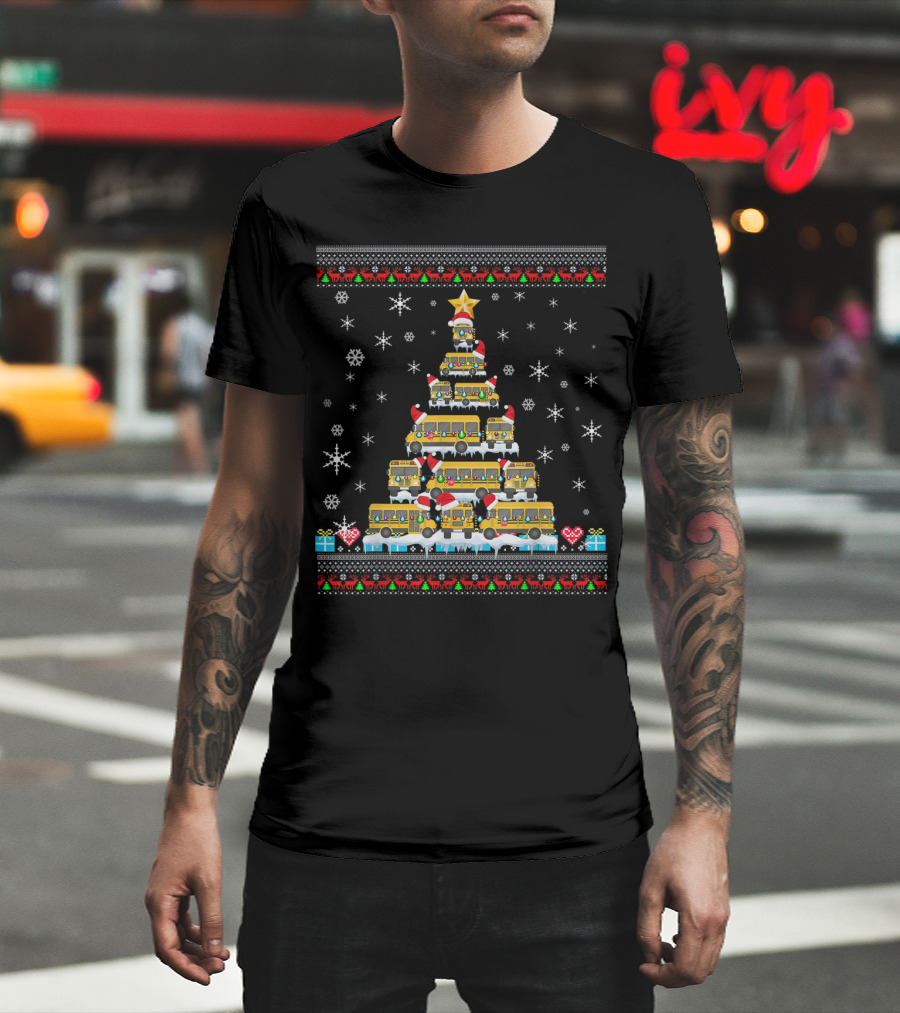 Ugly Christmas Tree Built From School Buses With Snowflakes And Holiday Decorations For Bus Driver Lovers T-Shirt