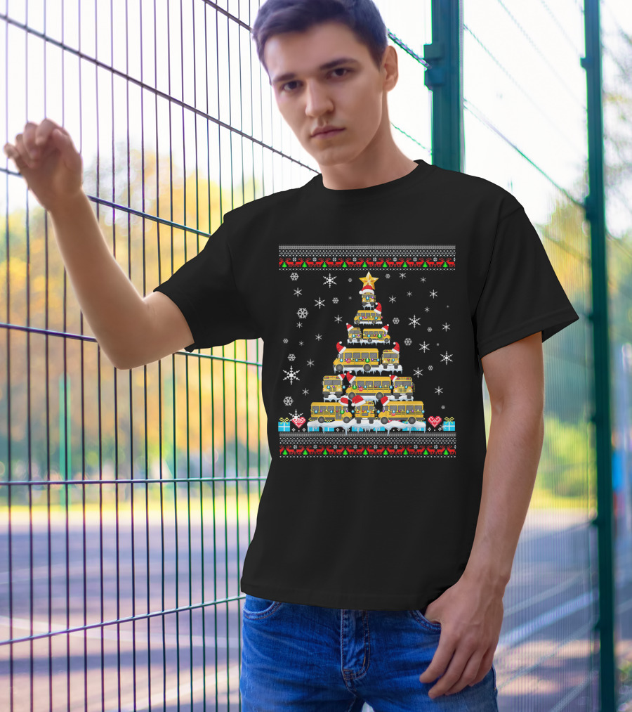 Ugly Christmas Tree Built From School Buses With Snowflakes And Holiday Decorations For Bus Driver Lovers T-Shirt