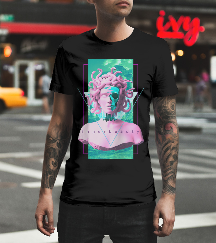 Vaporwave Inner Beauty Medusa Statue With Skull Aesthetic T-Shirt