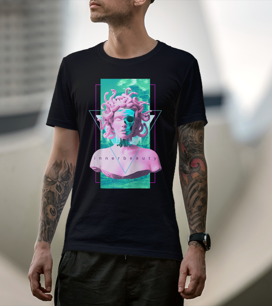 Vaporwave Inner Beauty Medusa Statue With Skull Aesthetic T-Shirt
