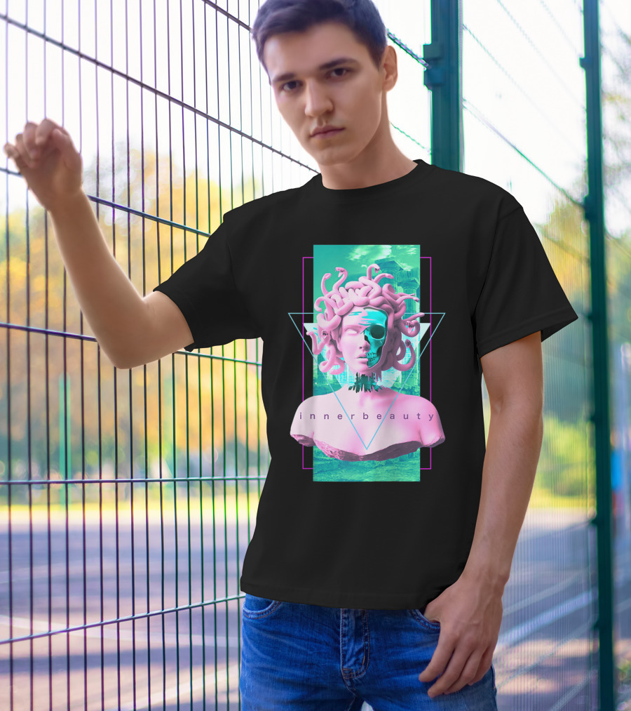 Vaporwave Inner Beauty Medusa Statue With Skull Aesthetic T-Shirt