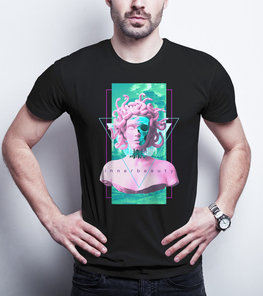 Vaporwave Inner Beauty Medusa Statue With Skull Aesthetic T-Shirt