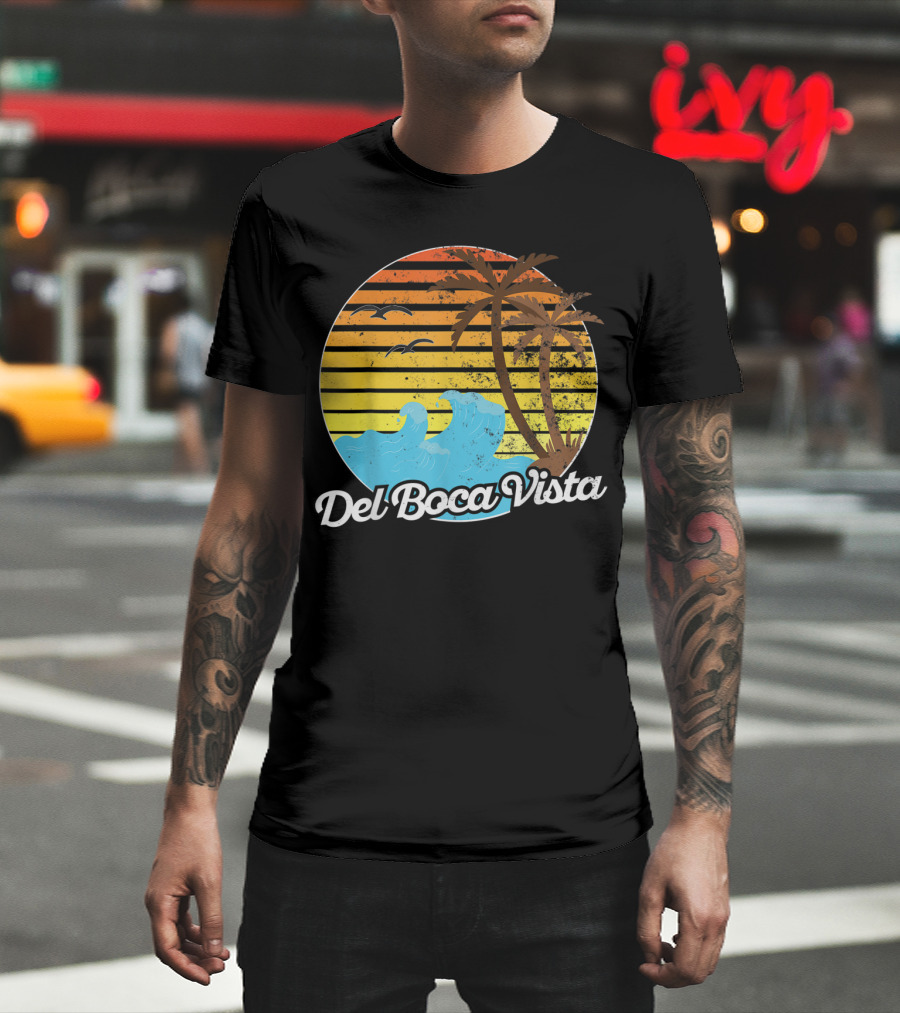 Del Boca Vista Vintage Palm Sunset Waves Florida T-Shirt