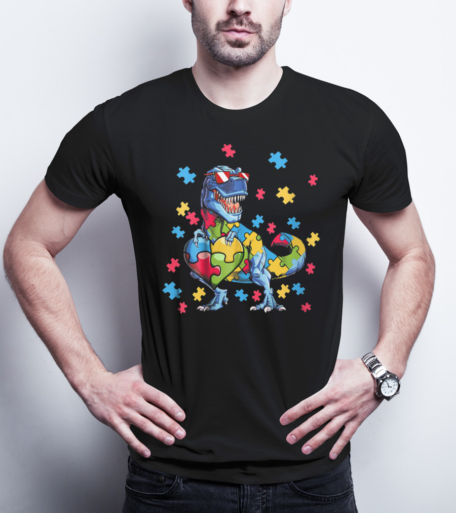 Dinosaur T-Rex Holding Puzzle Heart Autism Awareness T-Shirt