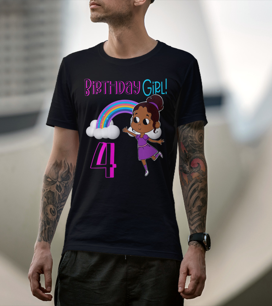 Birthday Girl 4 African American Rainbow And Girl In Purple Dress T-Shirt