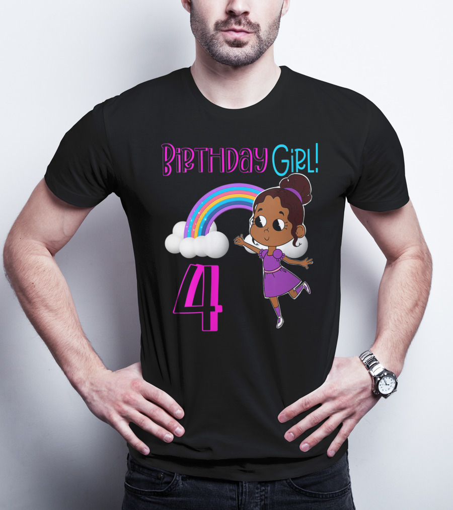 Birthday Girl 4 African American Rainbow And Girl In Purple Dress T-Shirt