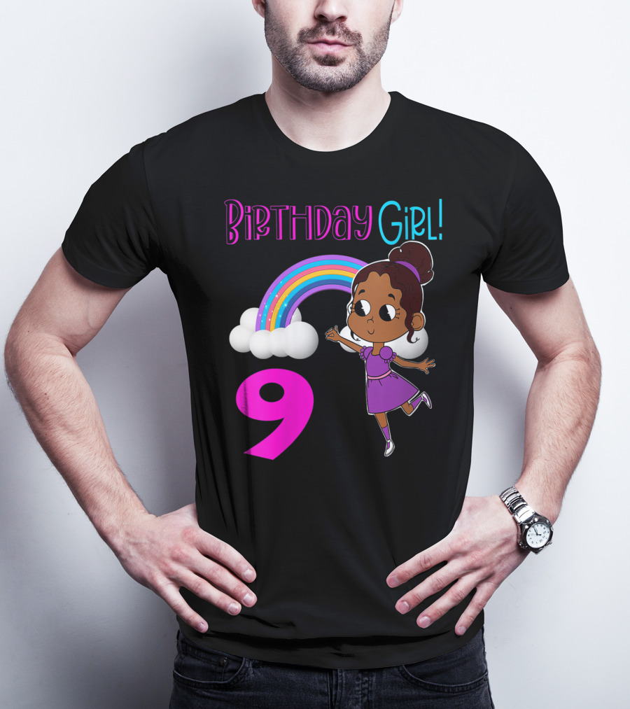 Birthday Girl 9 African American Rainbow Purple Dress T-Shirt