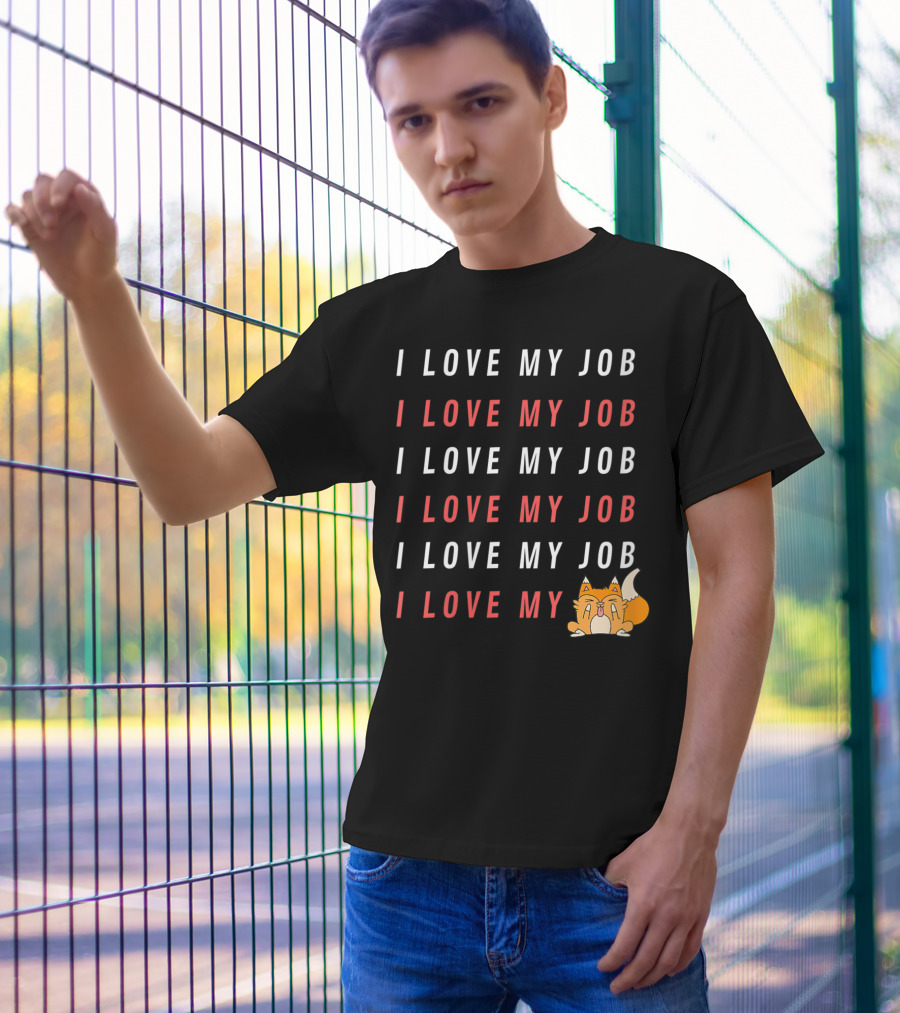 I Love My Job Cat Showing Middle Finger Repeated Text T-Shirt