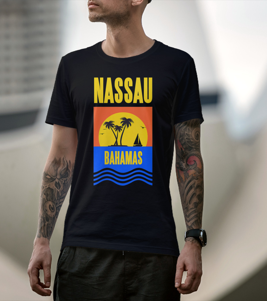 Nassau Bahamas Sunset Palm Trees And Sailboat Ocean Waves T-Shirt