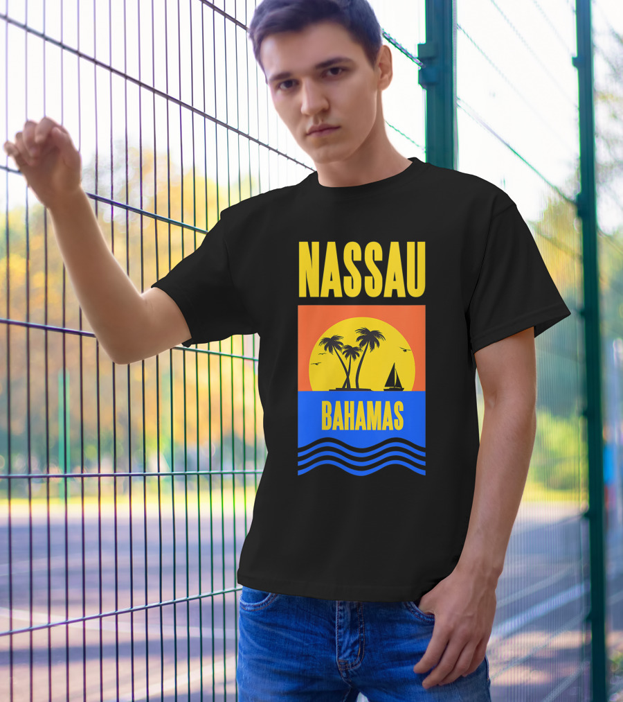Nassau Bahamas Sunset Palm Trees And Sailboat Ocean Waves T-Shirt