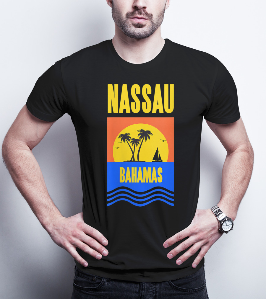 Nassau Bahamas Sunset Palm Trees And Sailboat Ocean Waves T-Shirt