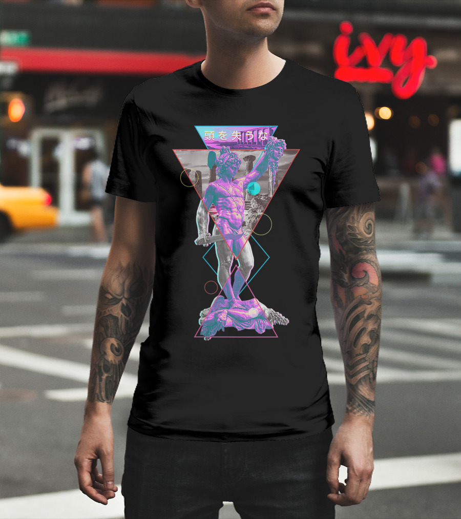 Perseus And Medusa Vaporwave Aesthetic With Japanese Text And Geometric Shapes T-Shirt