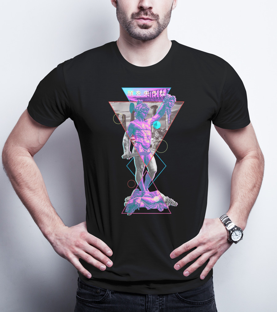 Perseus And Medusa Vaporwave Aesthetic With Japanese Text And Geometric Shapes T-Shirt