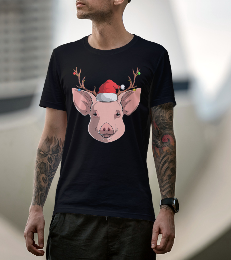 Pig With Santa Hat And Reindeer Antlers T-Shirt