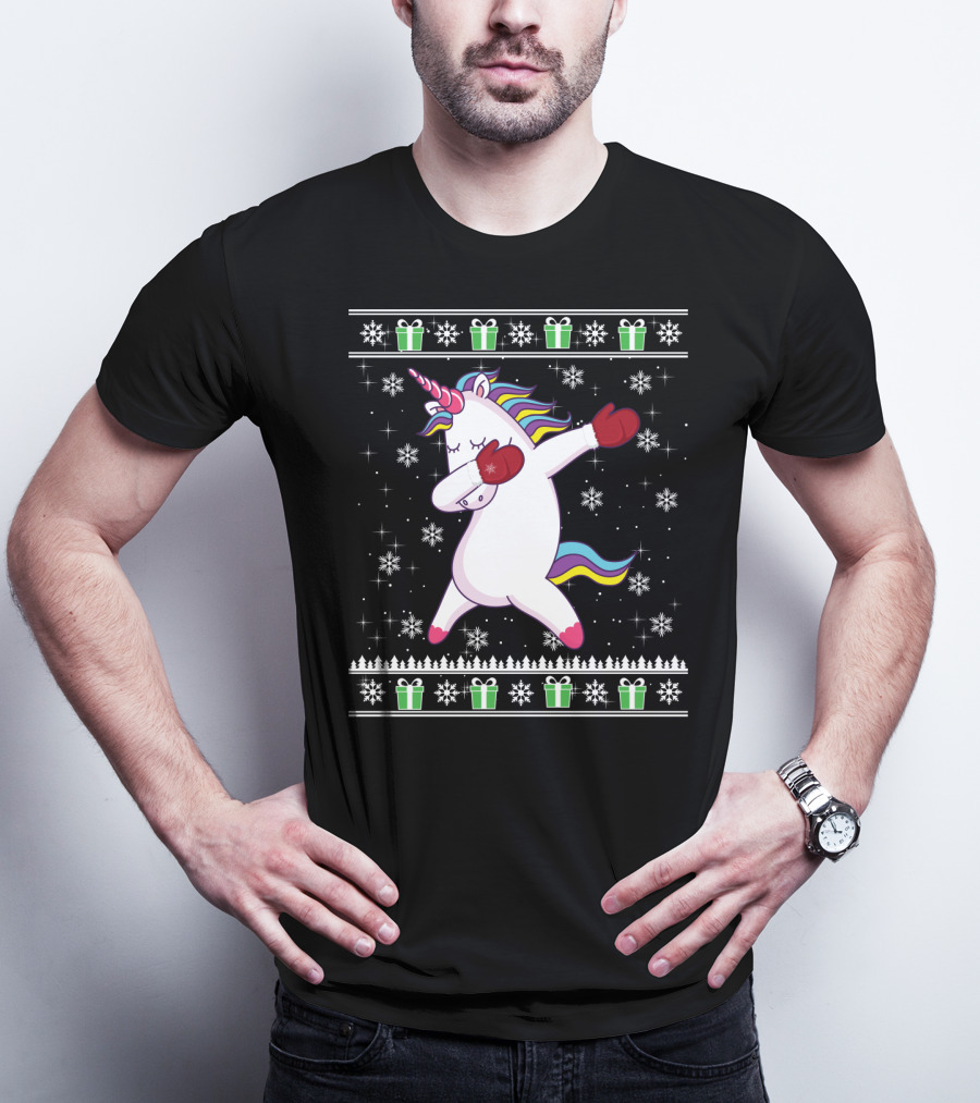 Unicorn Dabbing Christmas Presents Snowflakes Holiday Ugly T-Shirt