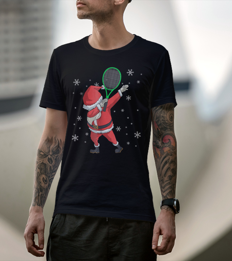 Dabbing Santa Claus With Tennis Racket And Snowflakes T-Shirt