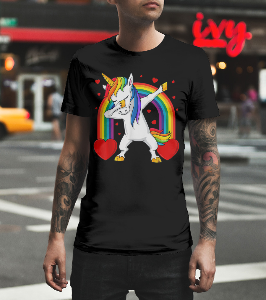 Dabbing Unicorn With Rainbow And Hearts T-Shirt