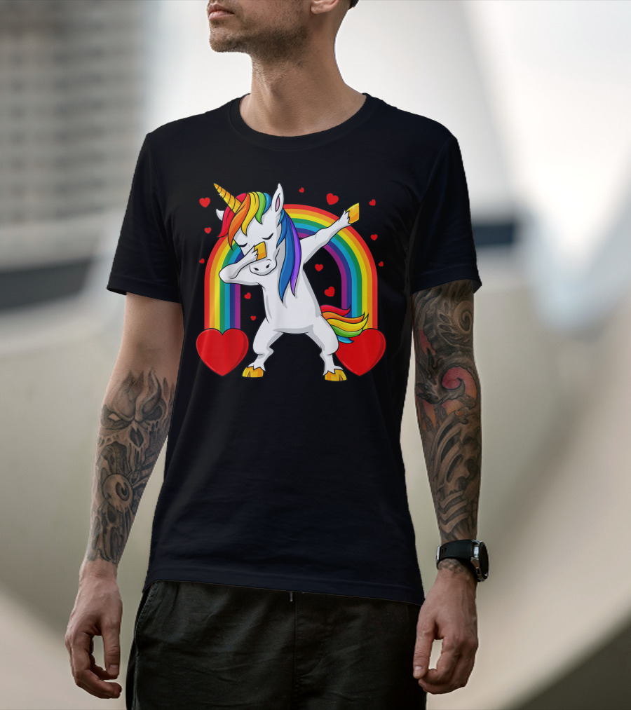 Dabbing Unicorn With Rainbow And Hearts T-Shirt