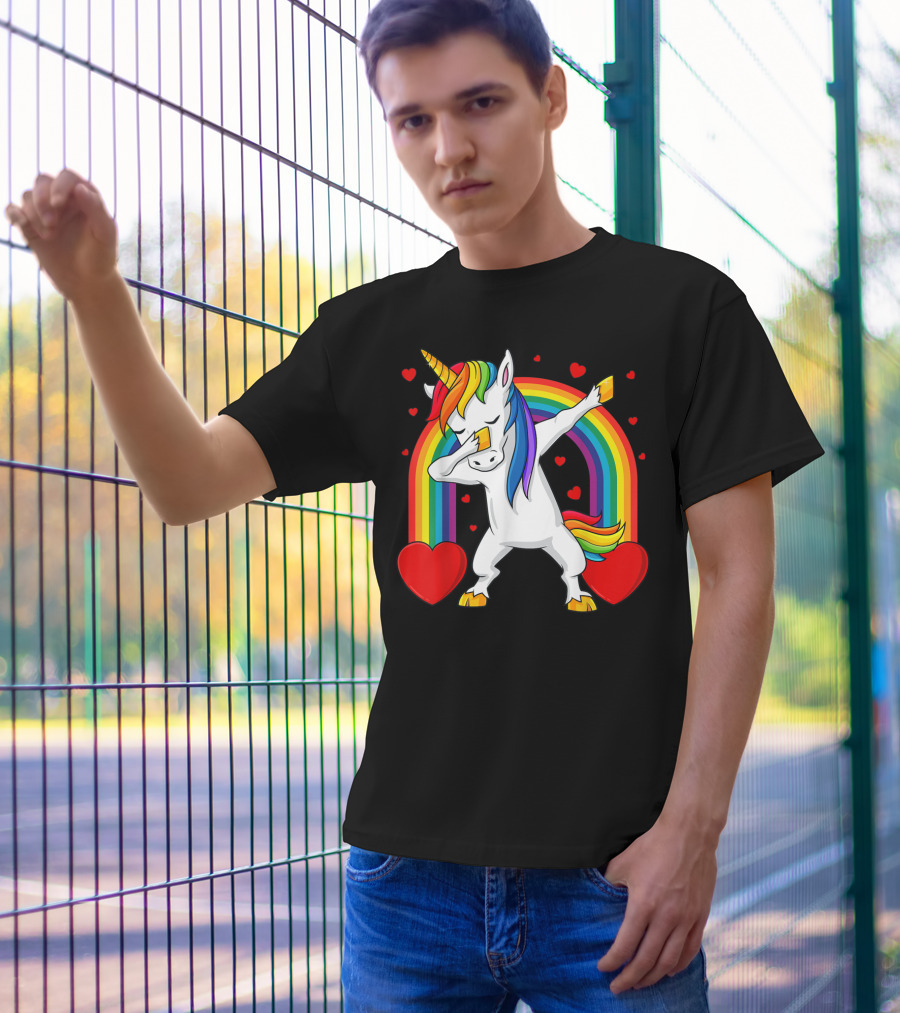 Dabbing Unicorn With Rainbow And Hearts T-Shirt