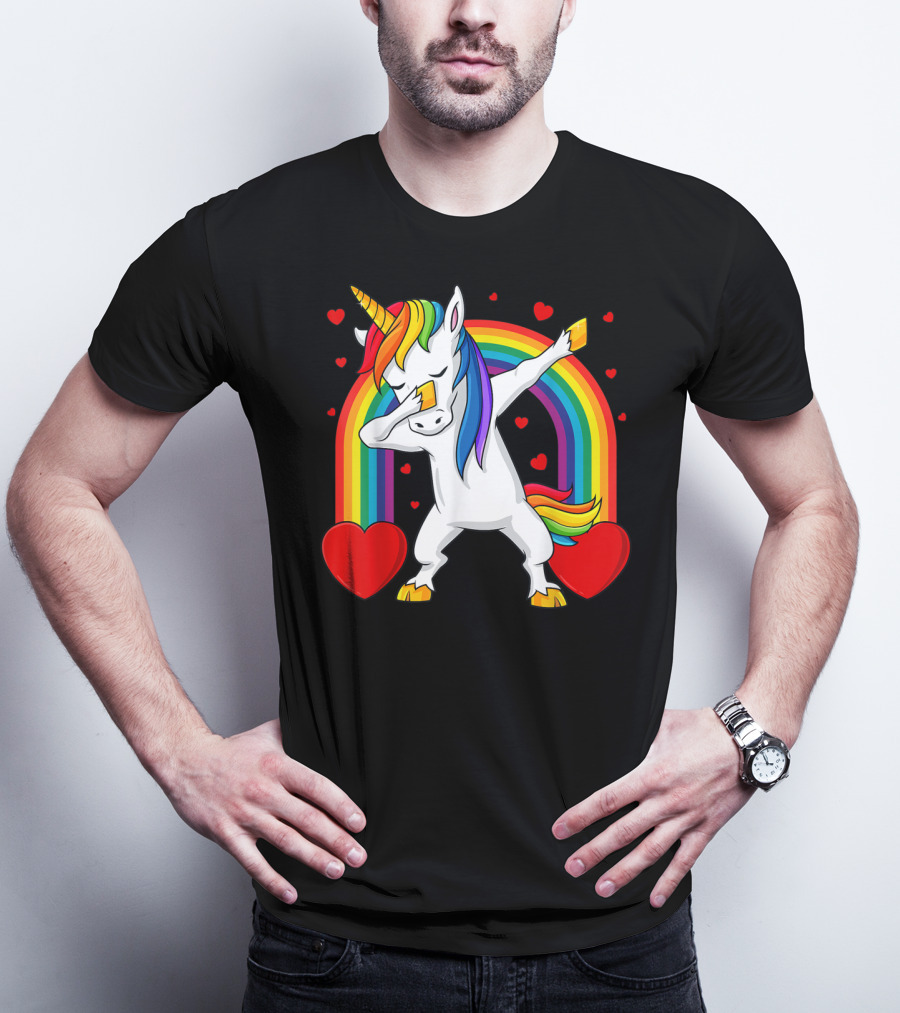 Dabbing Unicorn With Rainbow And Hearts T-Shirt