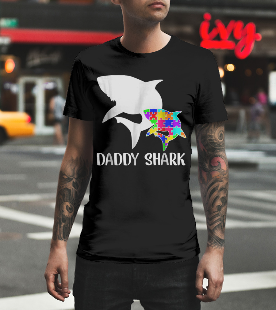 Daddy Shark Autism Awareness Puzzle Colorful T-Shirt