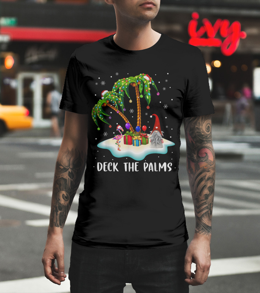 Deck The Palms Tropical Christmas Palm Tree With Santa Hat Flamingo And Gnome On Snowy Island T-Shirt