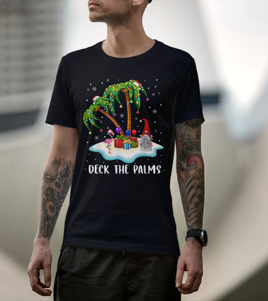 Deck The Palms Tropical Christmas Palm Tree With Santa Hat Flamingo And Gnome On Snowy Island T-Shirt