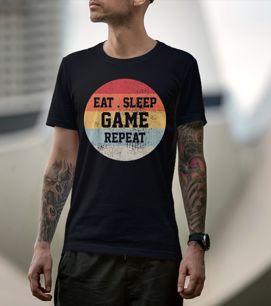 Eat Sleep Game Repeat Vintage Retro Stripes T-Shirt